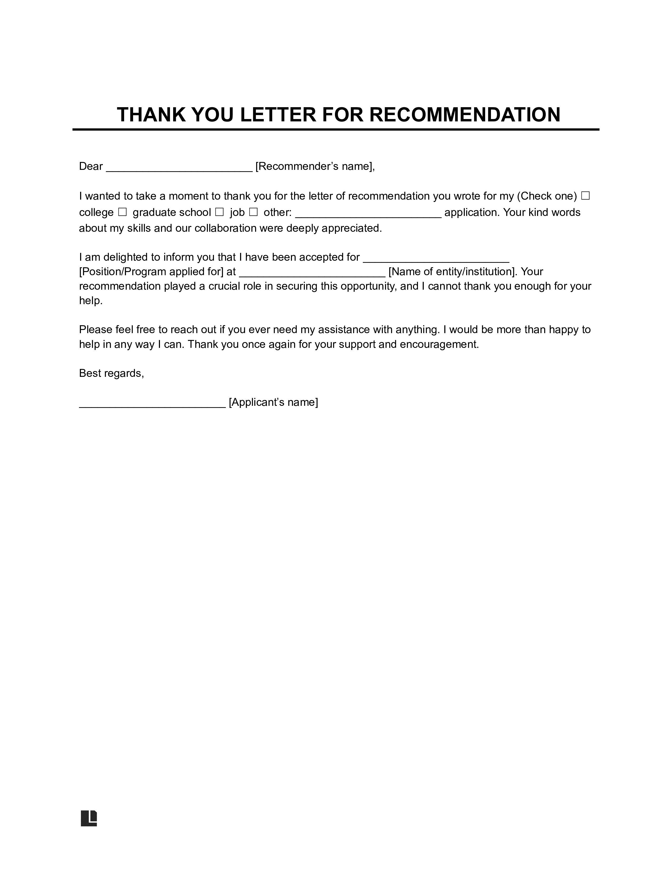 Free Thank-You Letter for Recommendation Template | PDF & Word